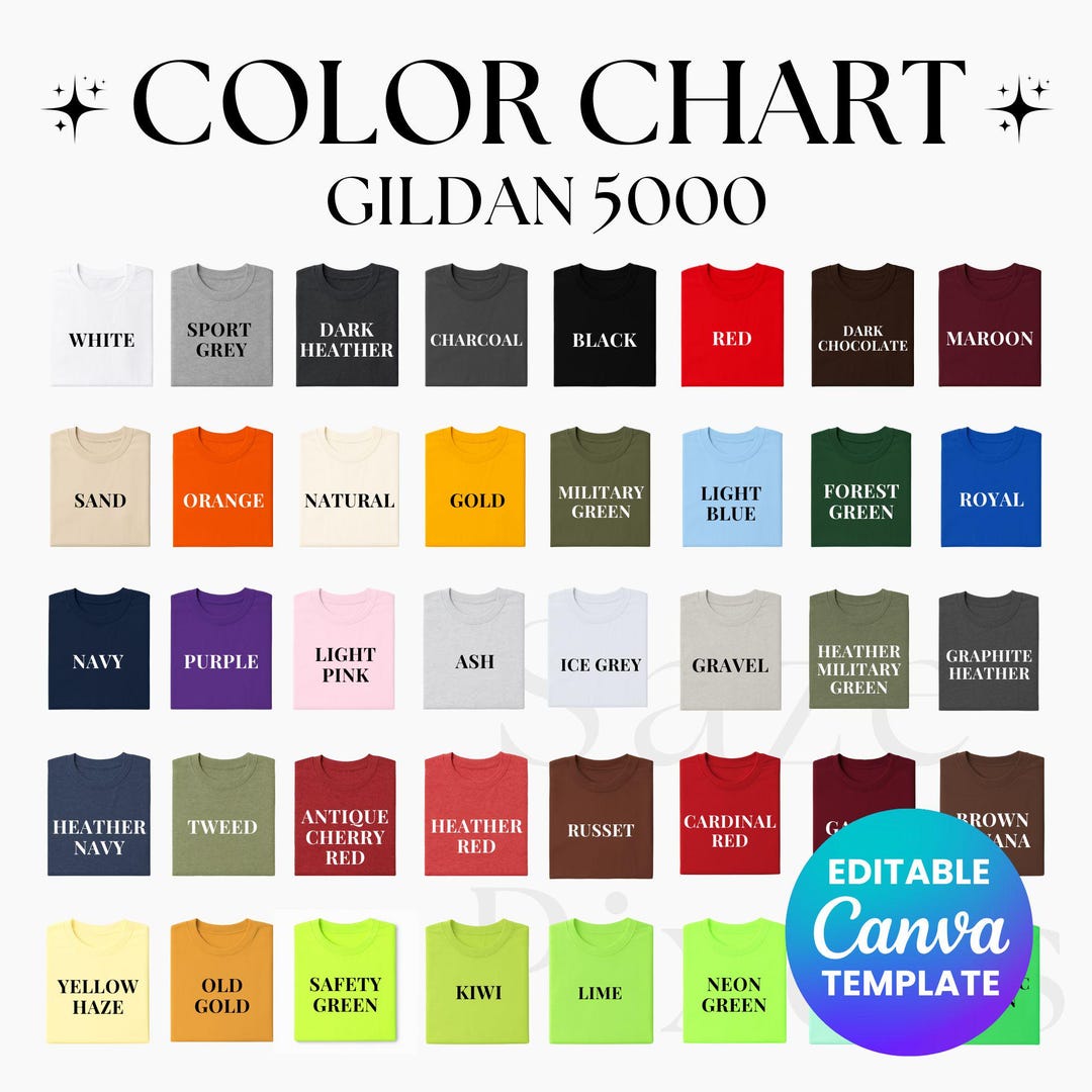 Editable Gildan 5000 Color Chart, Gildan 5000 Editable Canva Color ...