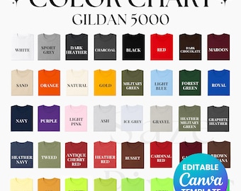 Editable Gildan 5000B Color Chart, Gildan 5000B Editable Canva Color ...