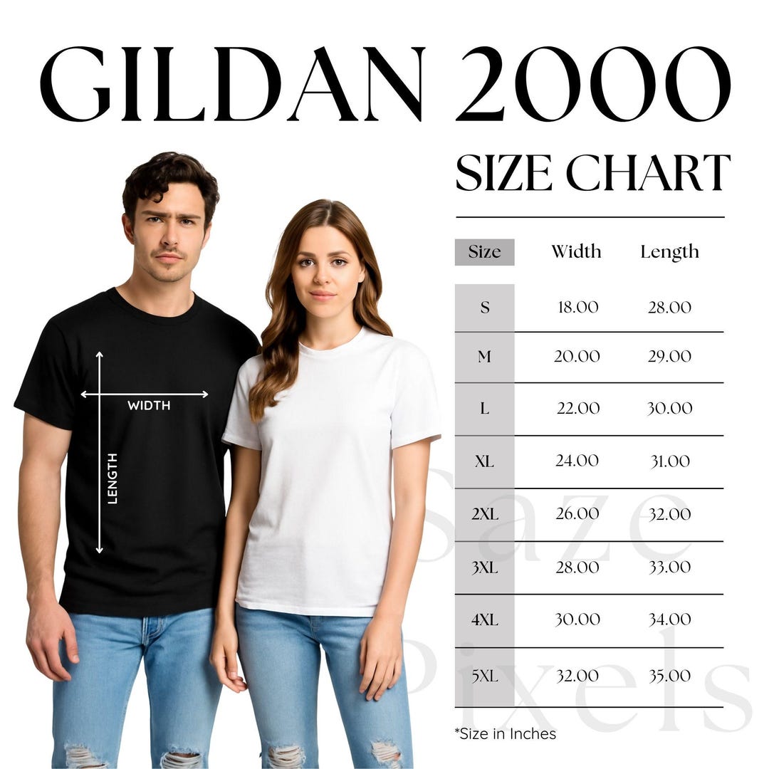 Gildan 2000 Size Chart, G2000 Size Chart, Gildan Mockup Size Chart ...