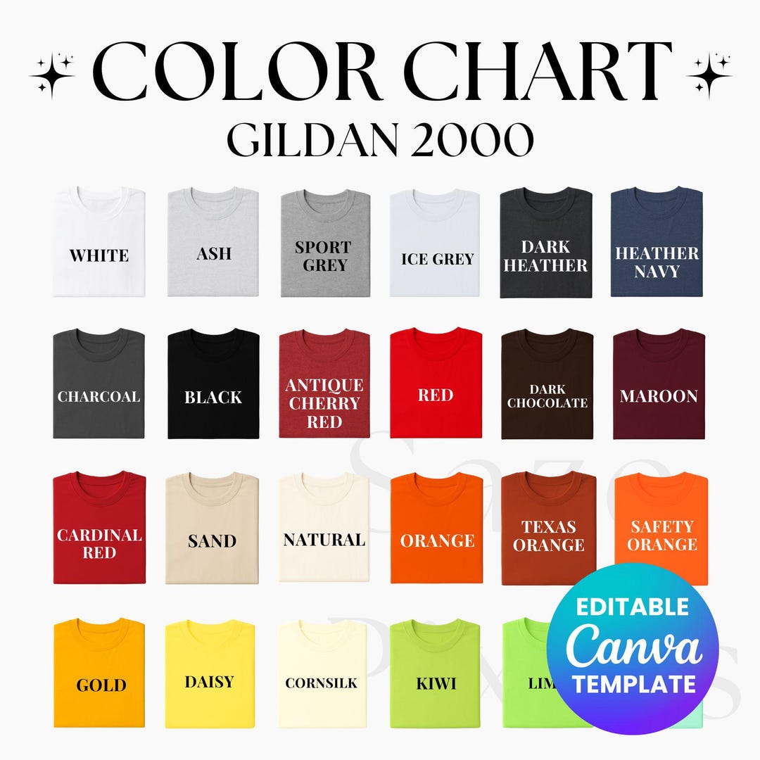 Editable Gildan 2000 Color Chart, Gildan 2000 Editable Canva Color ...