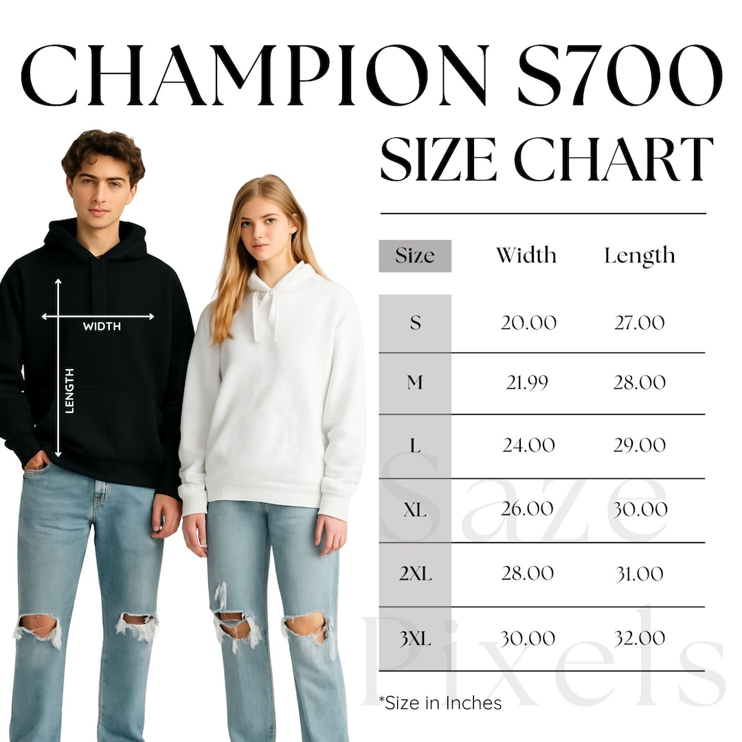 Champion S700 Size Chart – Unisex Pullover Hoodie – JPEG Digital ...