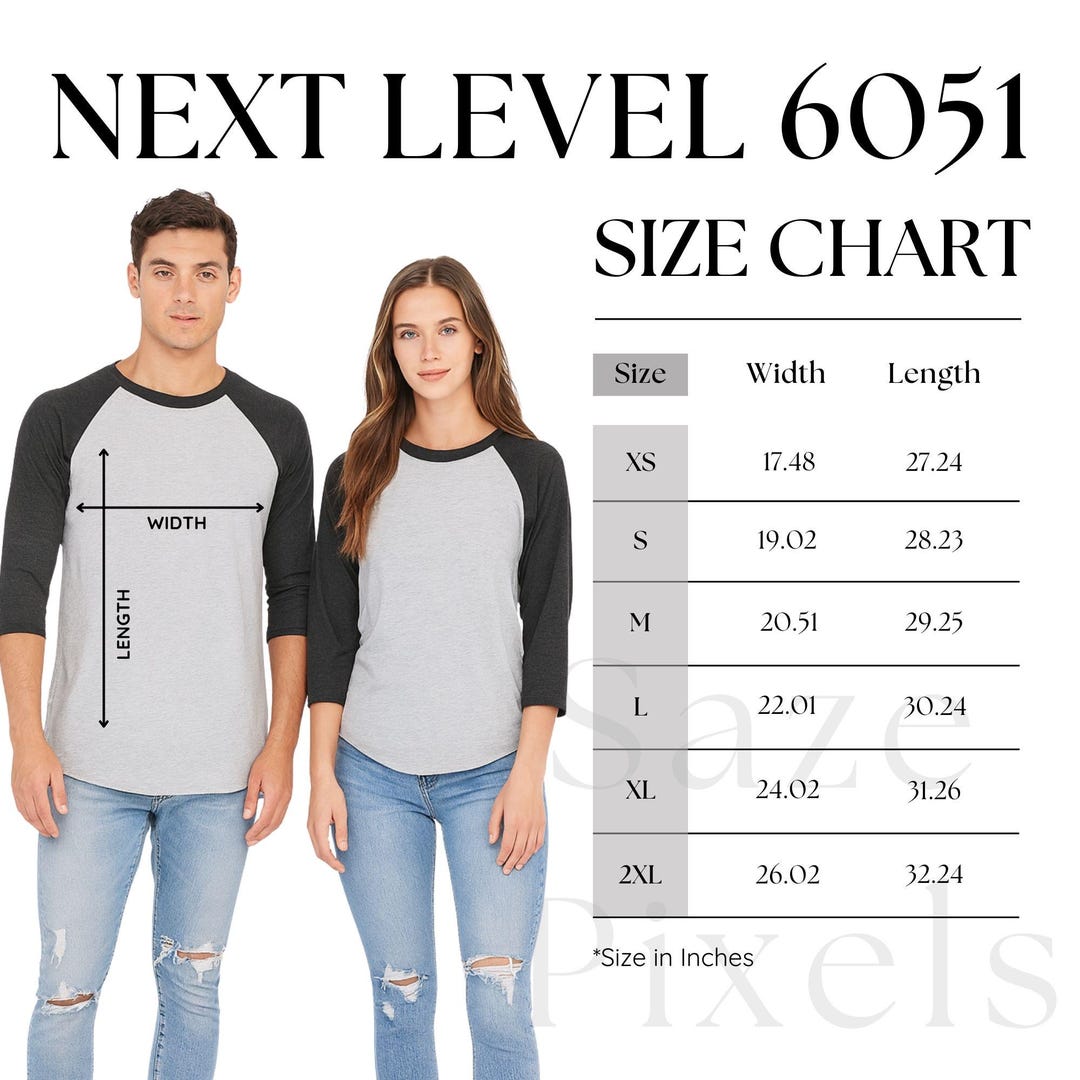 Next Level 6051 Size Chart – Unisex Tri-blend 3/4 Raglan Tee ...
