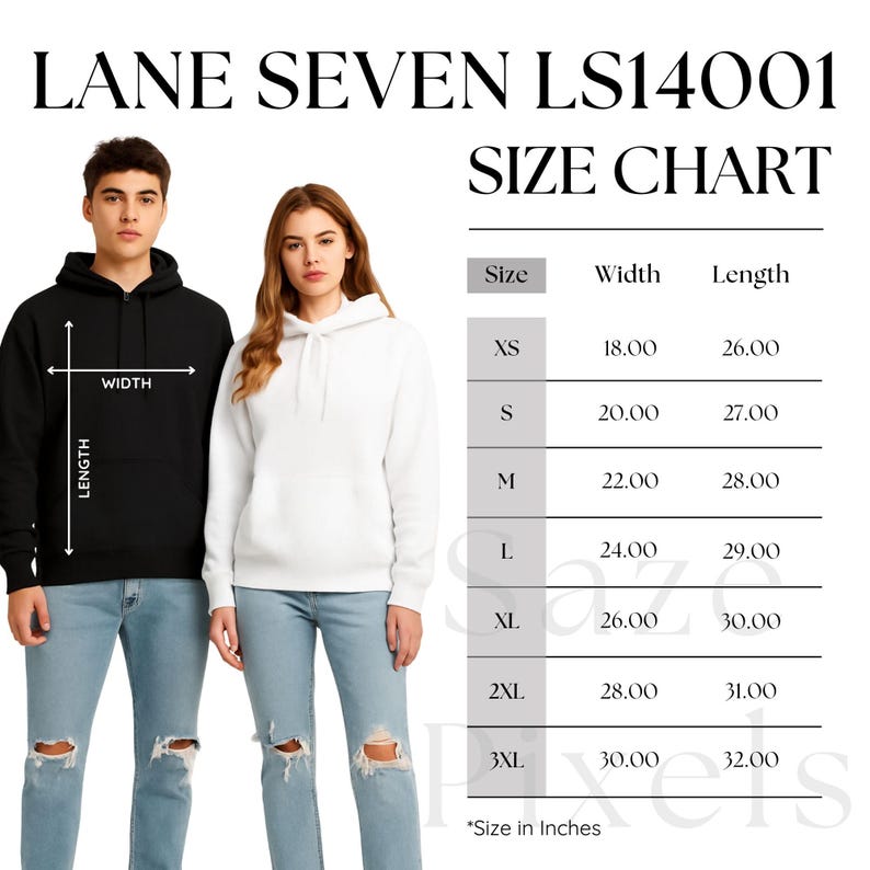 Lane Seven LS14001 Size Chart – Unisex Three-panel Fleece Hoodie ...