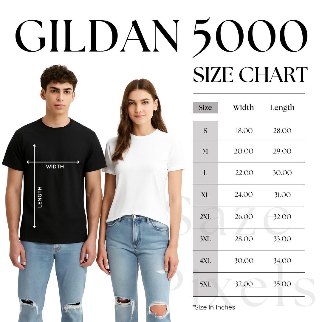Gildan 5000 Size Chart, G5000 Size Chart, Gildan Mockup Size Chart ...