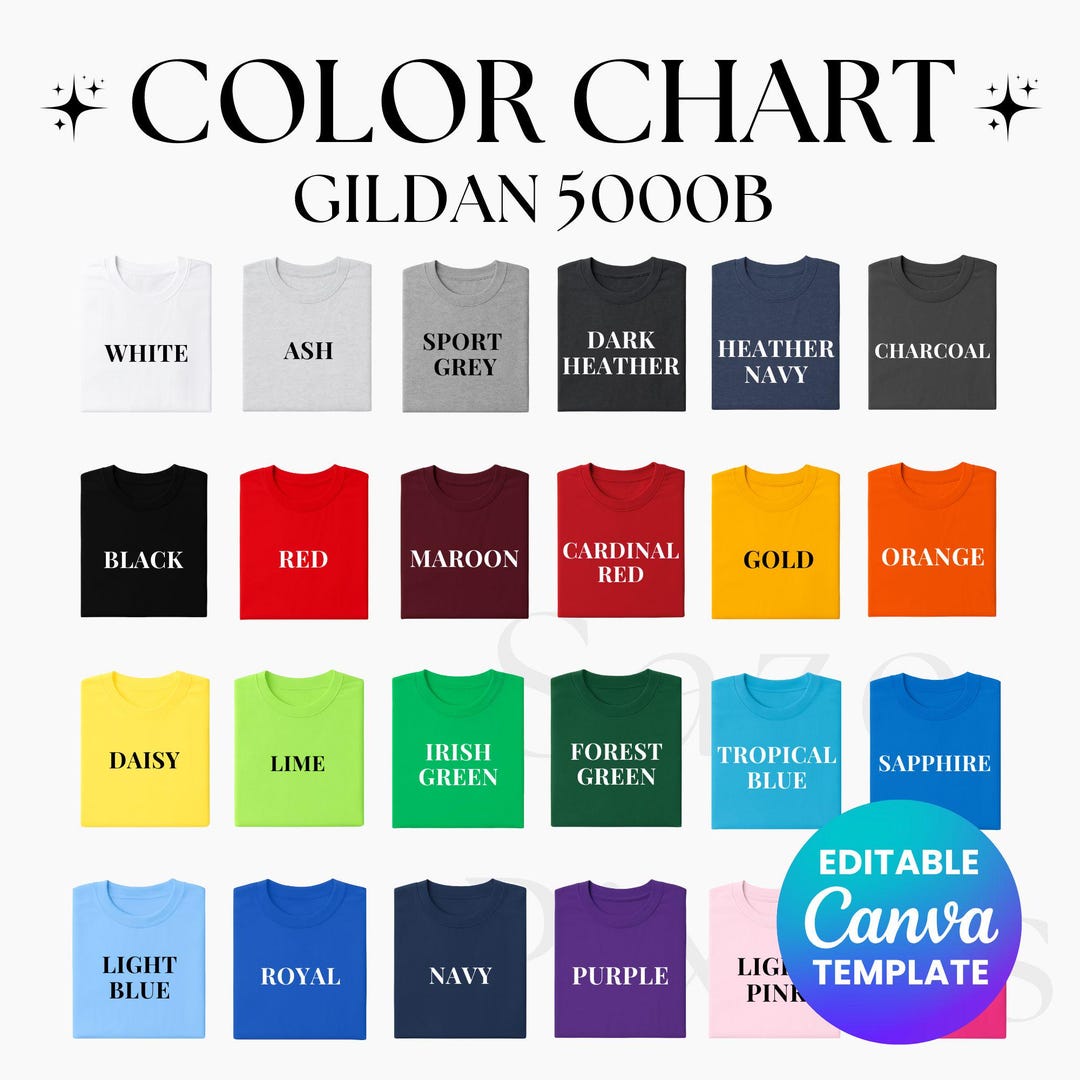Editable Gildan 5000B Color Chart, Gildan 5000B Editable Canva Color ...