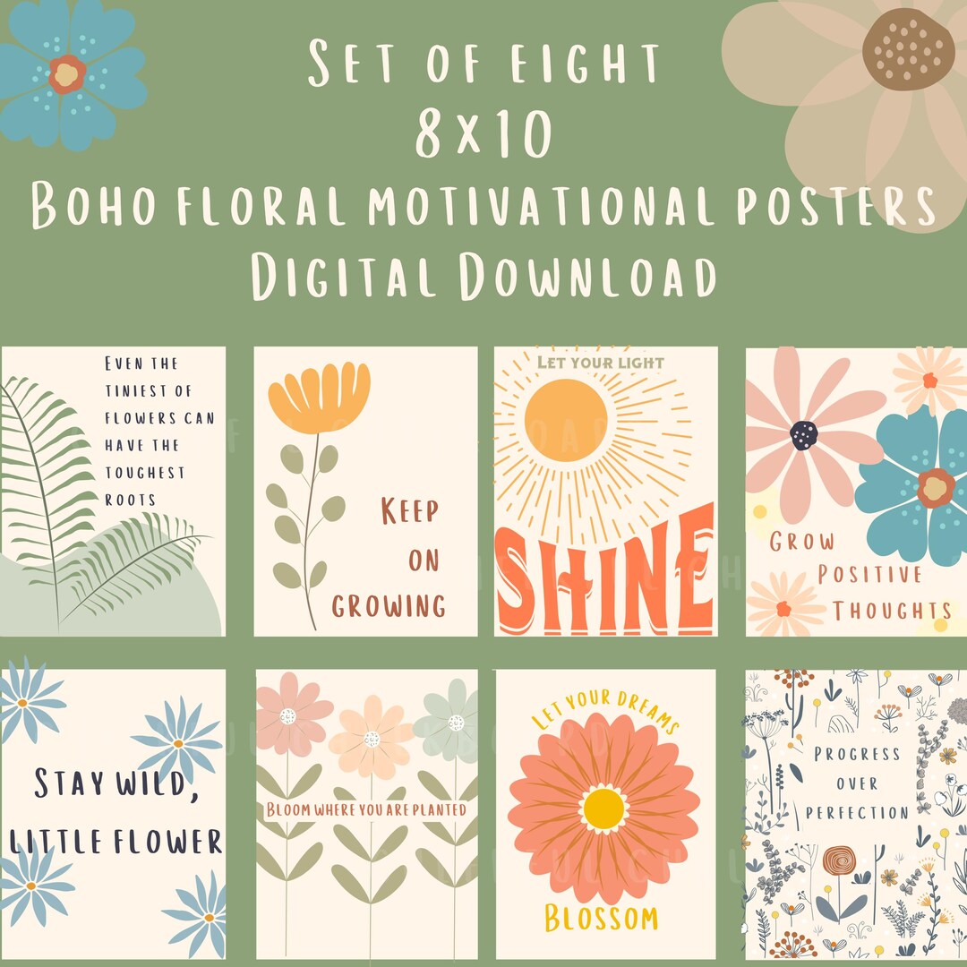 Boho Floral Classroom Posters: Set of 8 Motivational Prints (8x10 ...