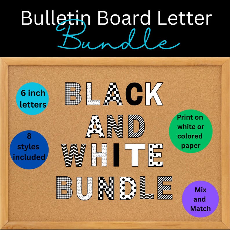 Bulletin Board Letters, 8 Designs in Black and White, A-Z Capital ...