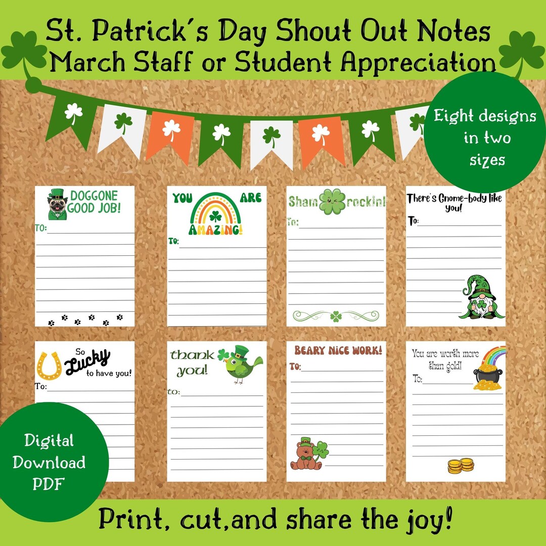 St Patrick's Day Shout Out Employee Recognition Cards Notes February ...