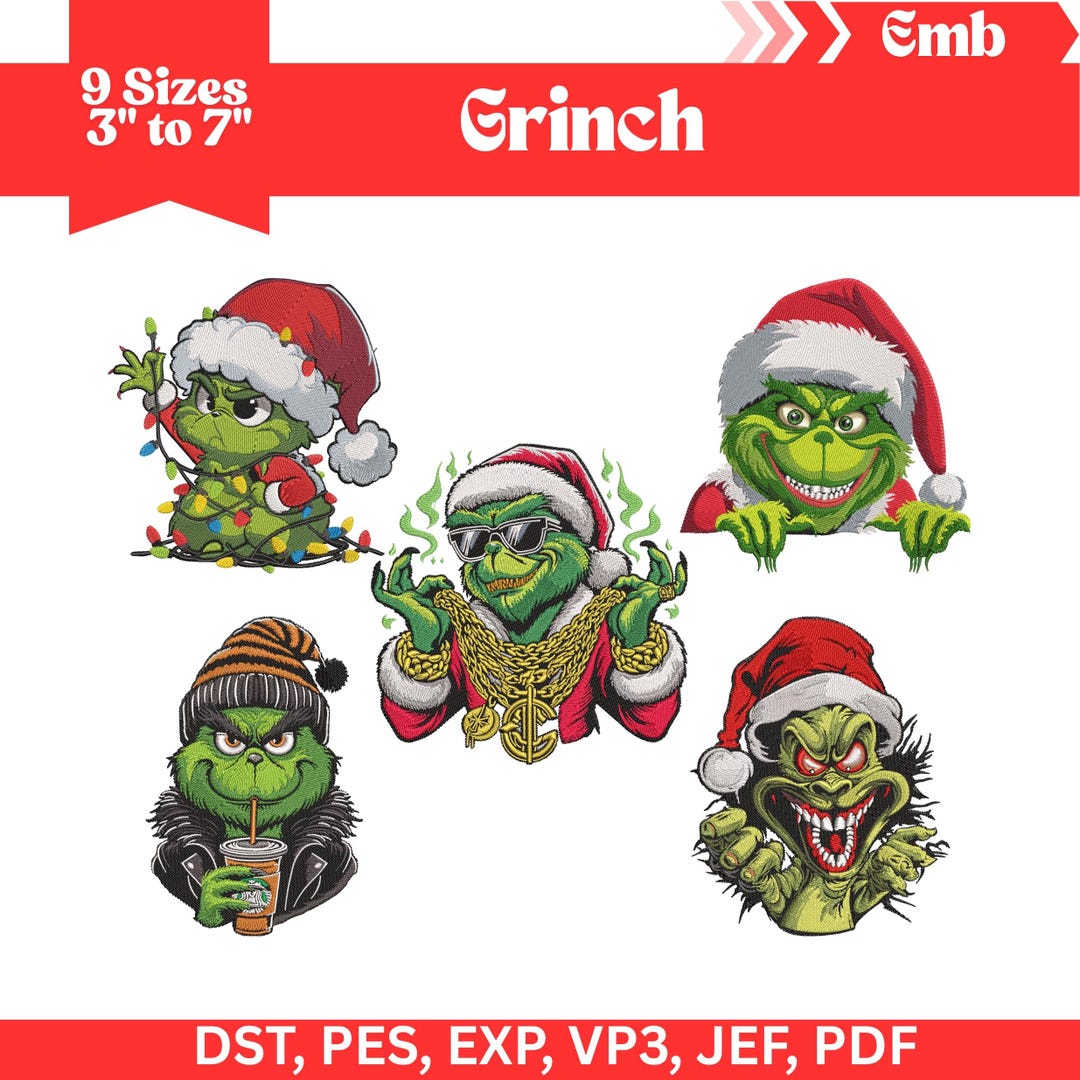 6 Grinch Embroidery Design Bundle, Christmas Patterns, 9 Sizes (instant ...