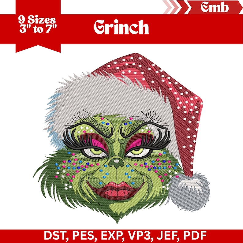 Grinch Face Embroidery Design, Machine Embroidery Files, 9 Sizes ...