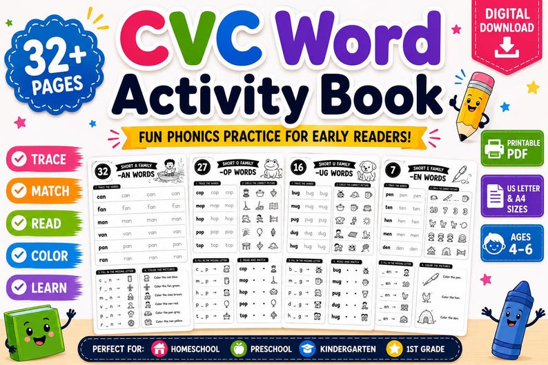 CVC Word Activity Book | Phonics Reading Practice for Early Readers ...
