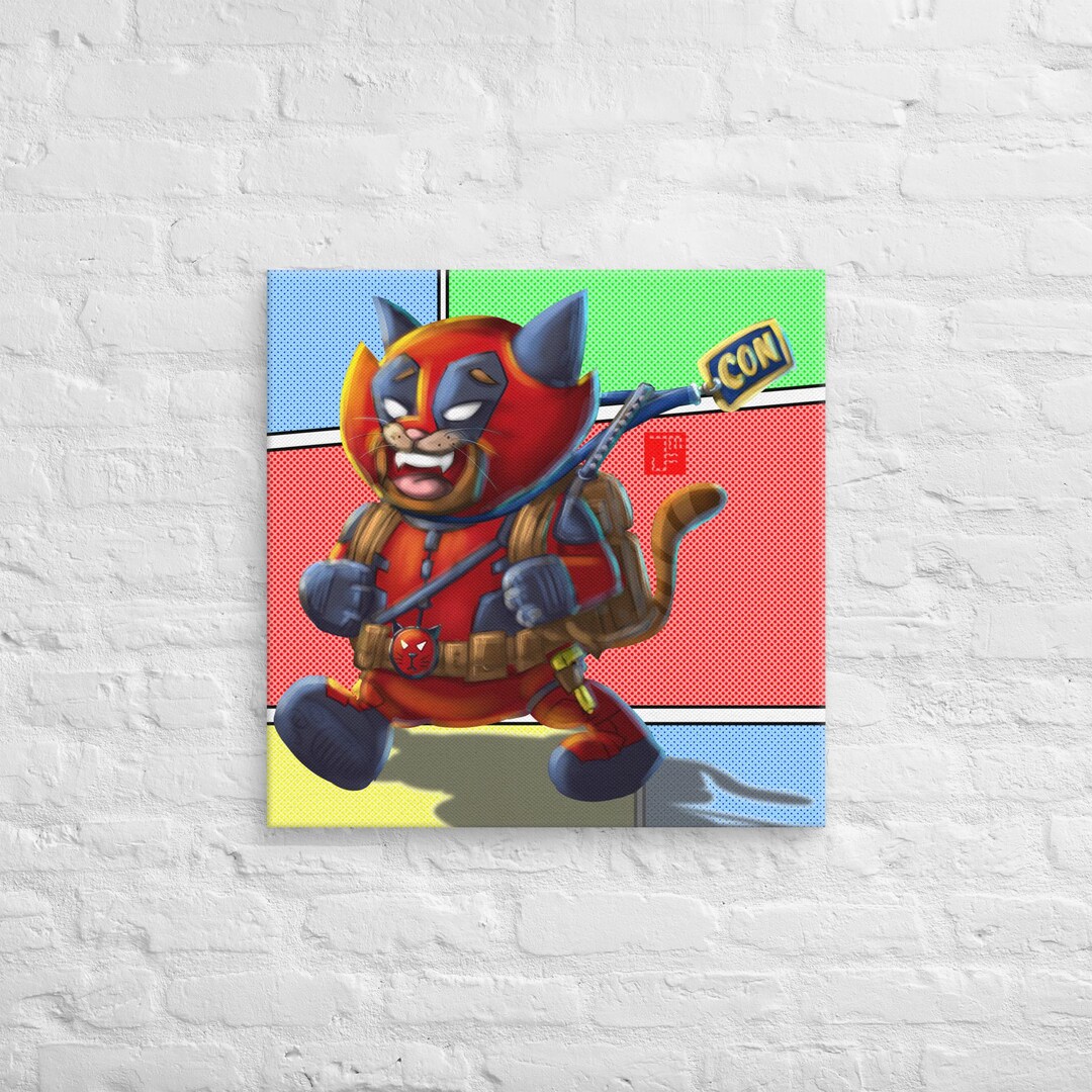 Comic Con Cat Cosplayer Deadpool Superhero Geek Square Canvas - Etsy