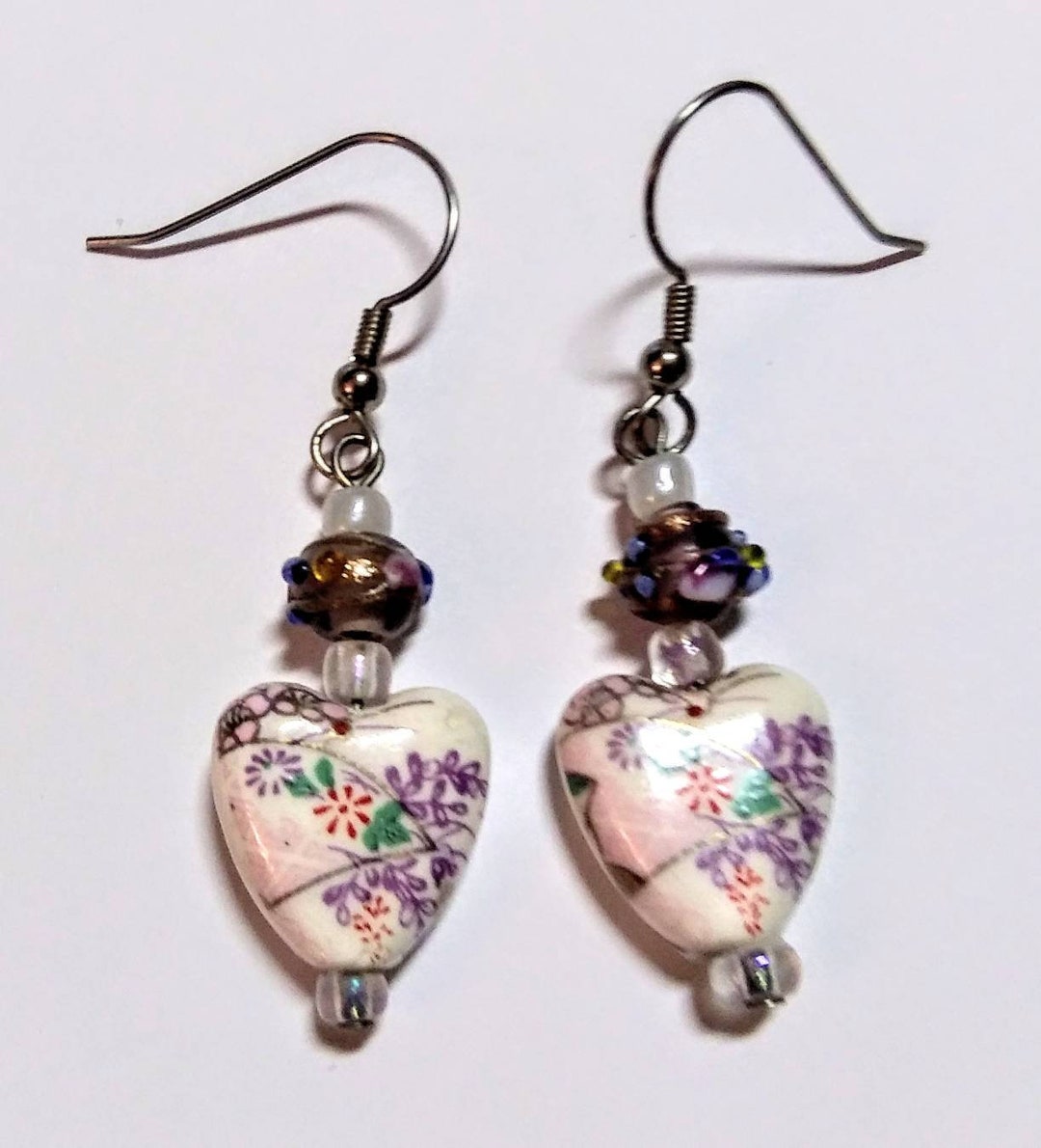 Heart Earrings Romantic Floral Pattern White With Lavender Blue and ...