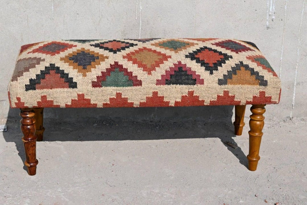 Boho Kilim Upholstered Wooden Bench – Rustic Entryway Bench, Handmade ...