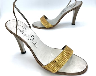 Vintage 1970s David Evins High Heels, 70s Bronze Satin Gold Vintage 1970s David Evins High Heels, 70s Bronze Satin Gold