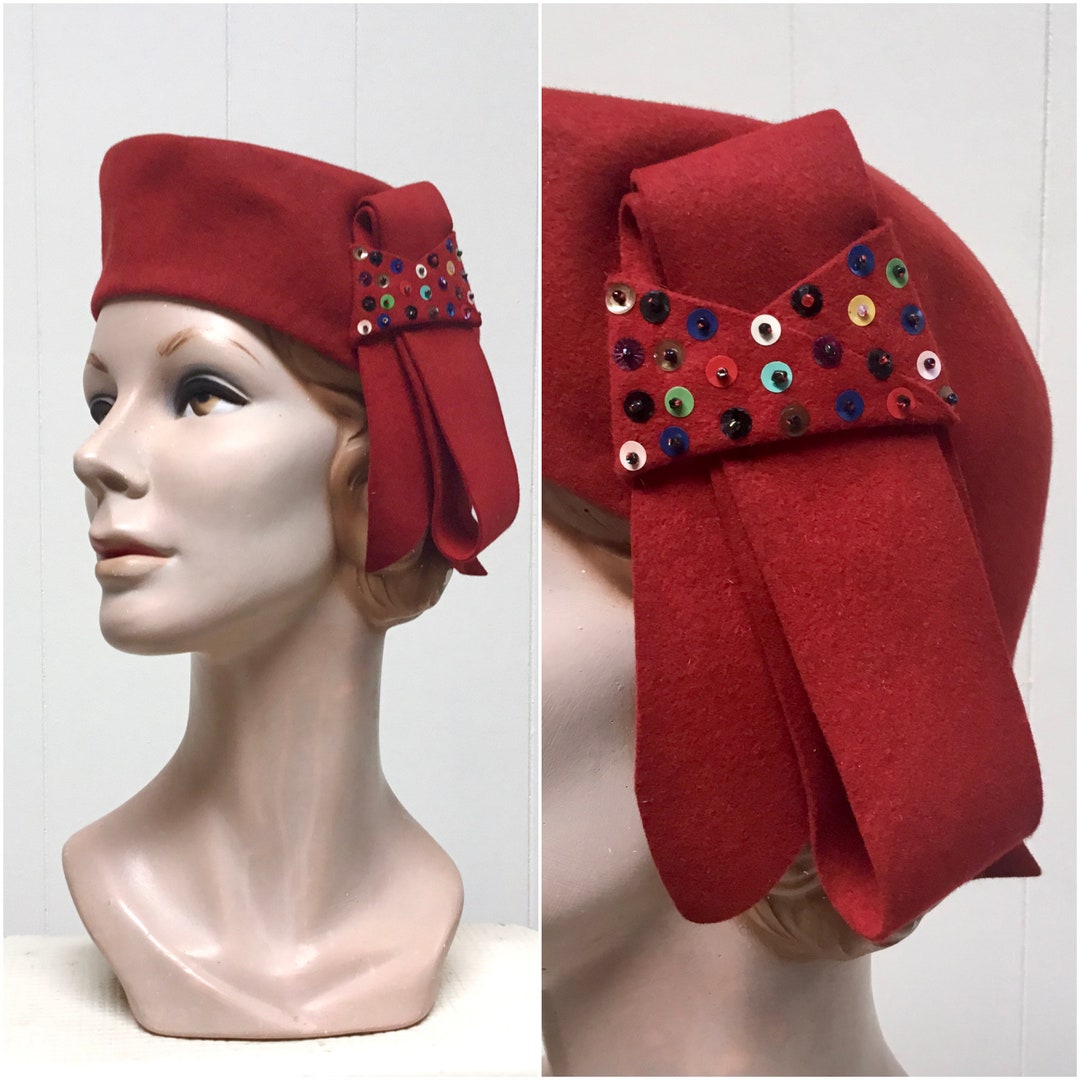 Vintage 1940s Red Wool Toque W/sequins, 40s Crimson Military Inspired ...