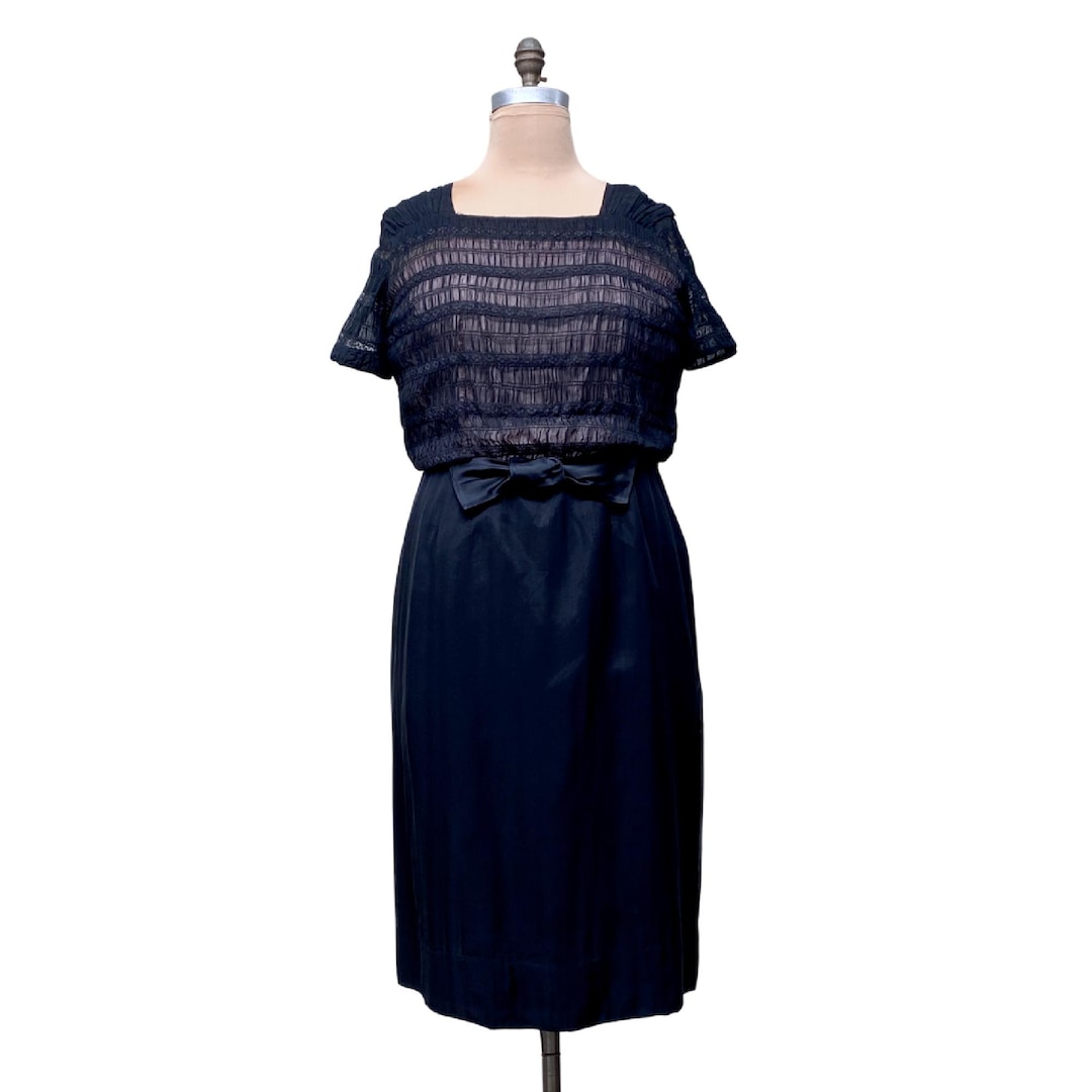 Vintage Mid-century Volup Party Dress, 50s 60s Black Rayon Chiffon and ...