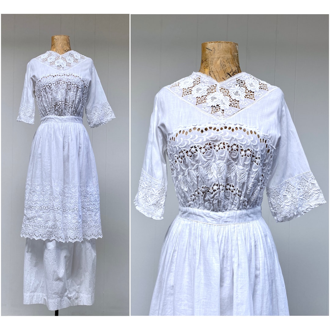 Antique Edwardian Tea Dress, 1910s Cotton Lace Garden Party, Floral ...