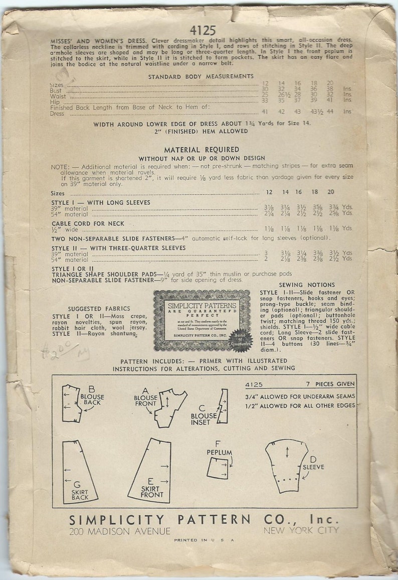 Vintage 1940s Simplicity Sewing Pattern 4125 / Misses and - Etsy