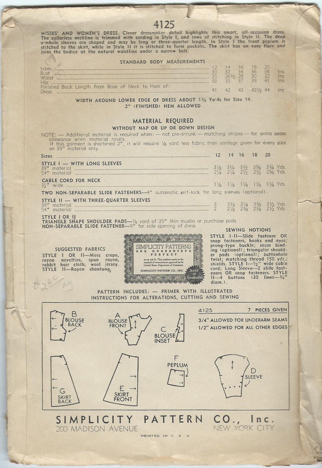 Vintage 1940s Simplicity Sewing Pattern 4125 / Misses and | Etsy