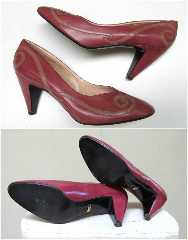 Vintage 1980s Rose Leather Pumps with Leather Appliqué Made | Etsy