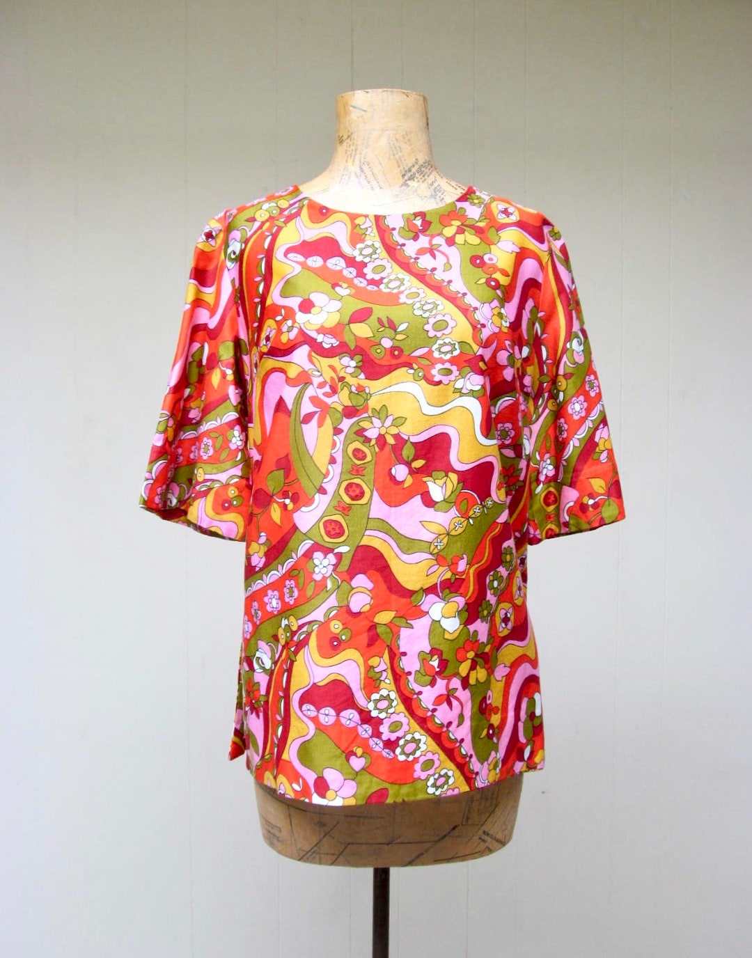 Vintage 1960s Blouse, 60s Psychedelic Cotton Sateen Top, Medium, 38 ...