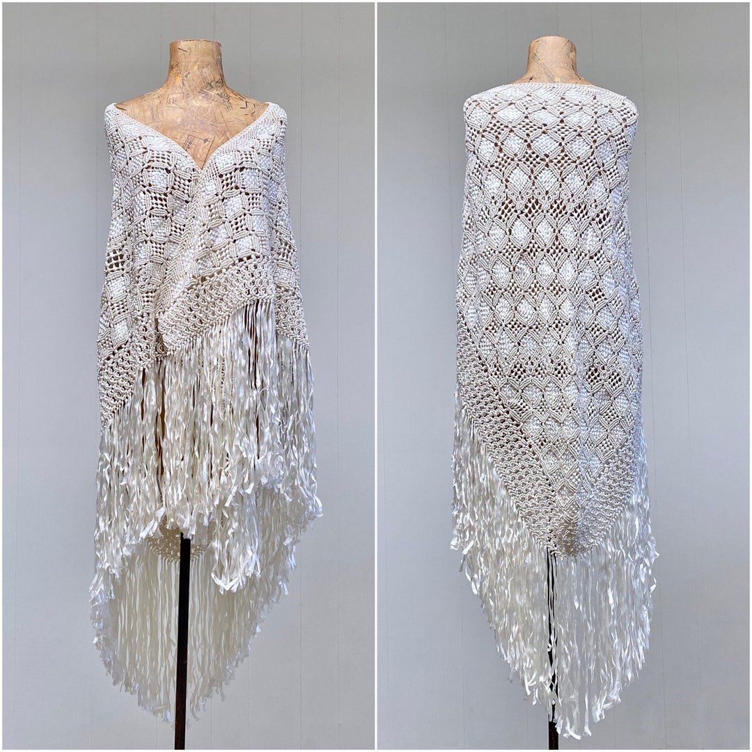 Vintage 1960s Ivory Silk Macrame Shawl With Long Fringe, Boho Chic ...