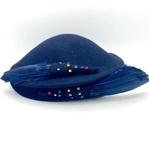 Vintage 1940s 1950s Navy Wool Hat W/multi-colored Rhinestones and ...