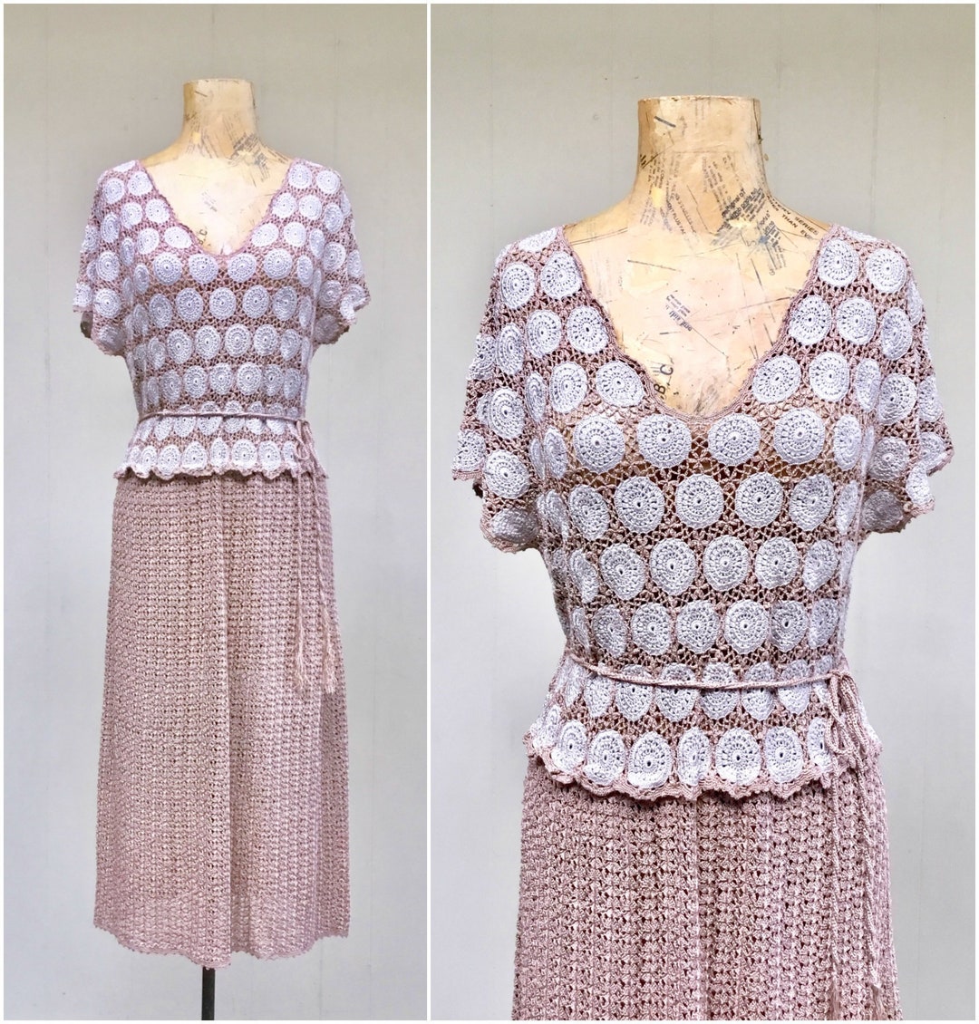 Vintage 1980s Crochet Dress 80s Beige and Ivory Rayon Knit - Etsy