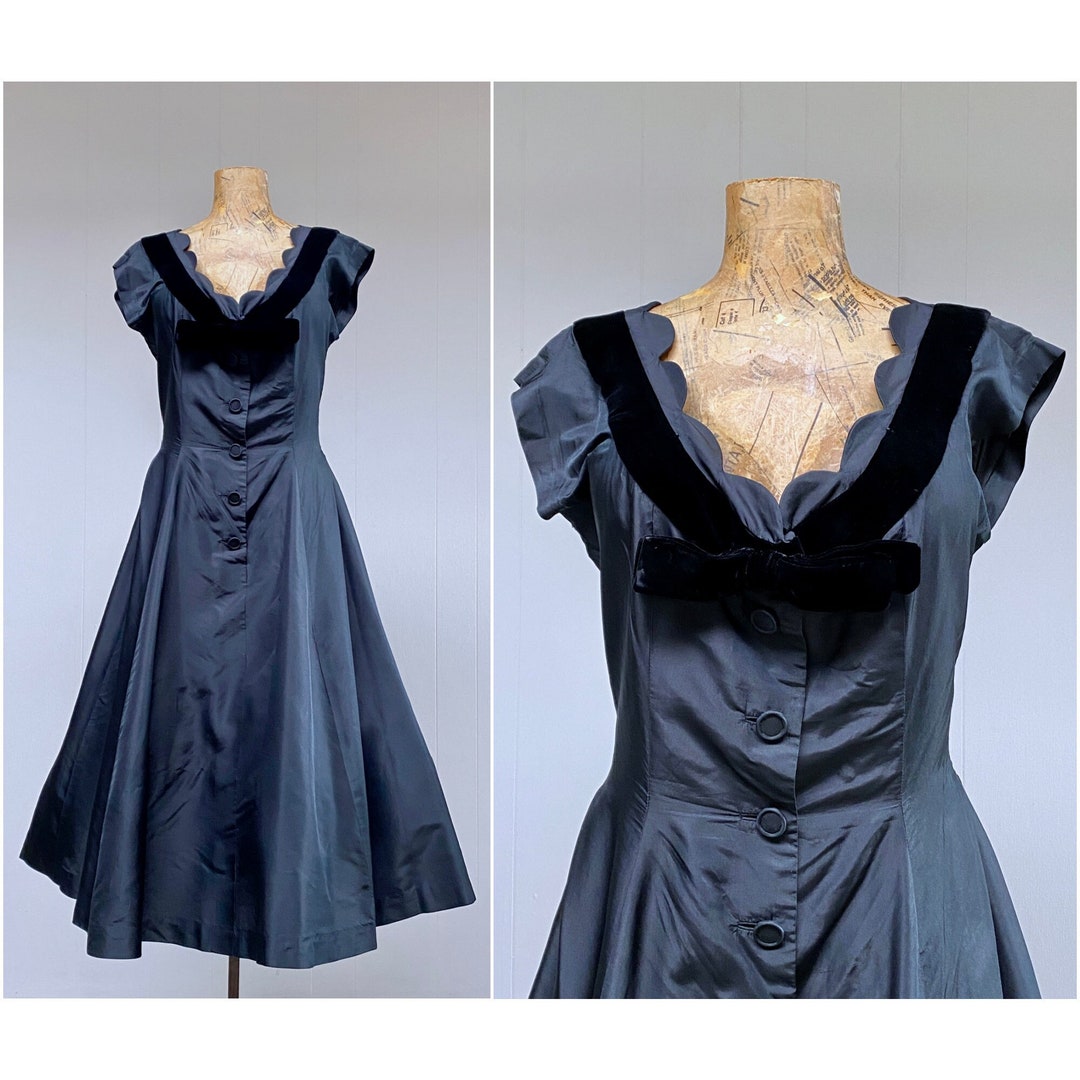 Vintage 1950s Cocktail Dress 50s Black Rayon Taffeta Frock W Velvet