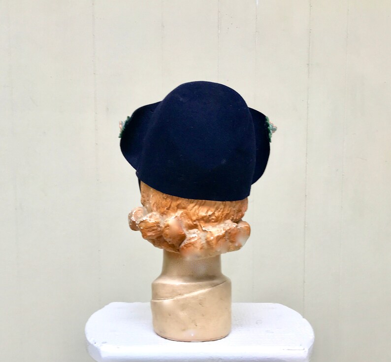 Vintage 1940s Blue Wool Bonnet 40s Navy Felt Cloche Hat with | Etsy