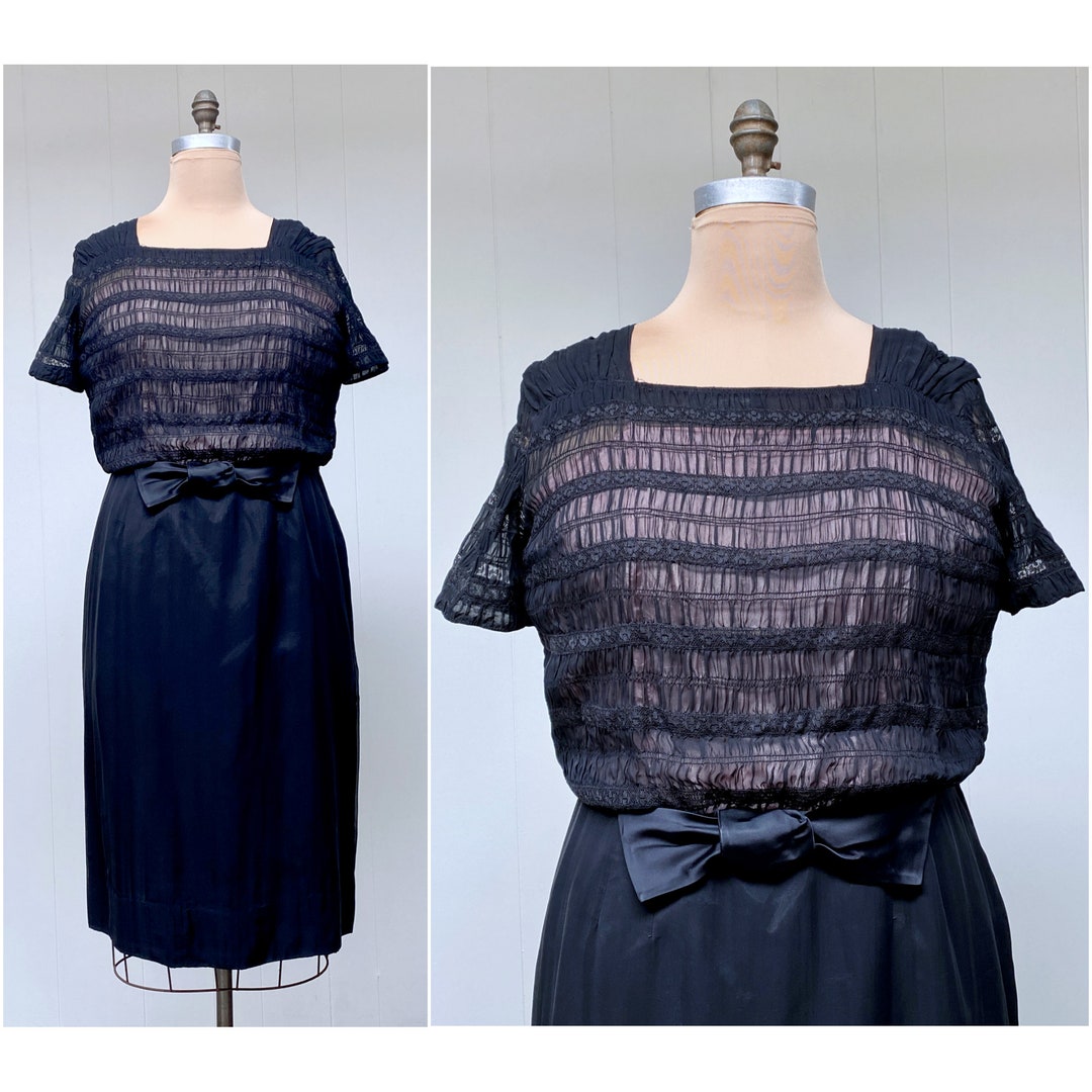 Vintage Mid-century Volup Party Dress, 50s 60s Black Rayon Chiffon and ...