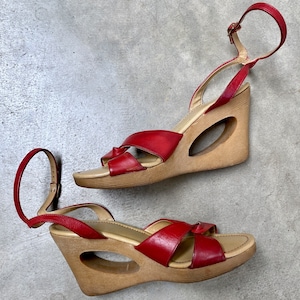 Vintage 1970s Yo Yo's Wedgies, 70s Red Leather Ankle Strap Sandals ...