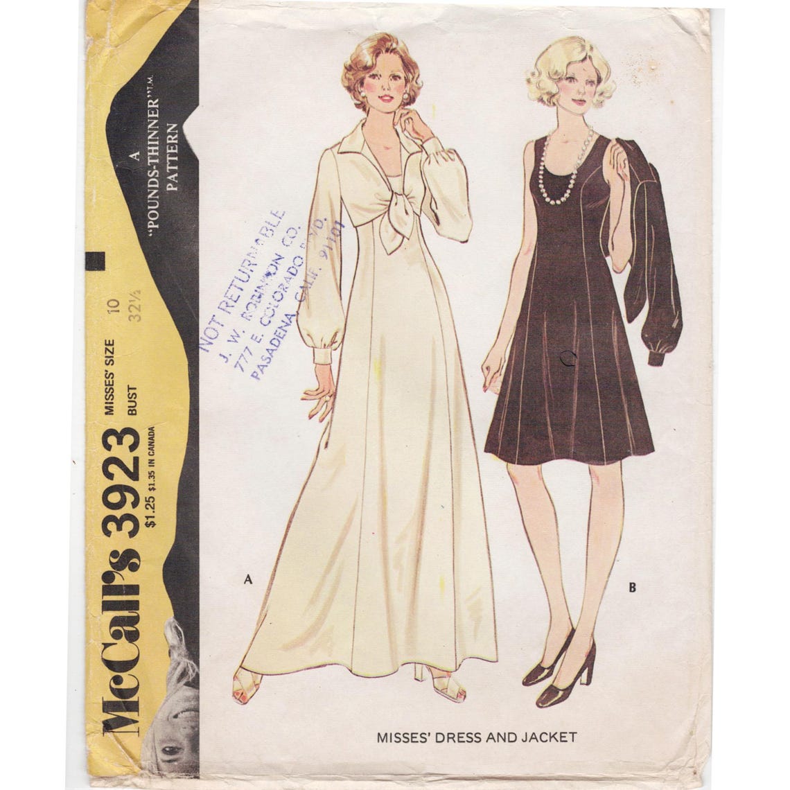 Vintage 1973 Mccall's Sewing Pattern 3923, Misses' Dress in 2 Lengths ...