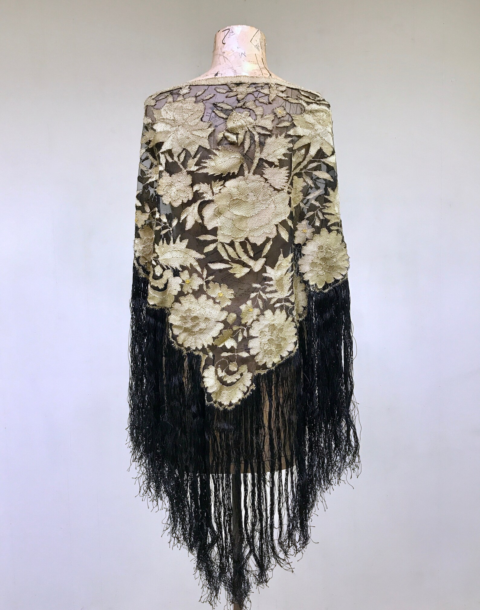 Antique 1920s Silk Lace Shawl With Fringe Art Deco Black and - Etsy