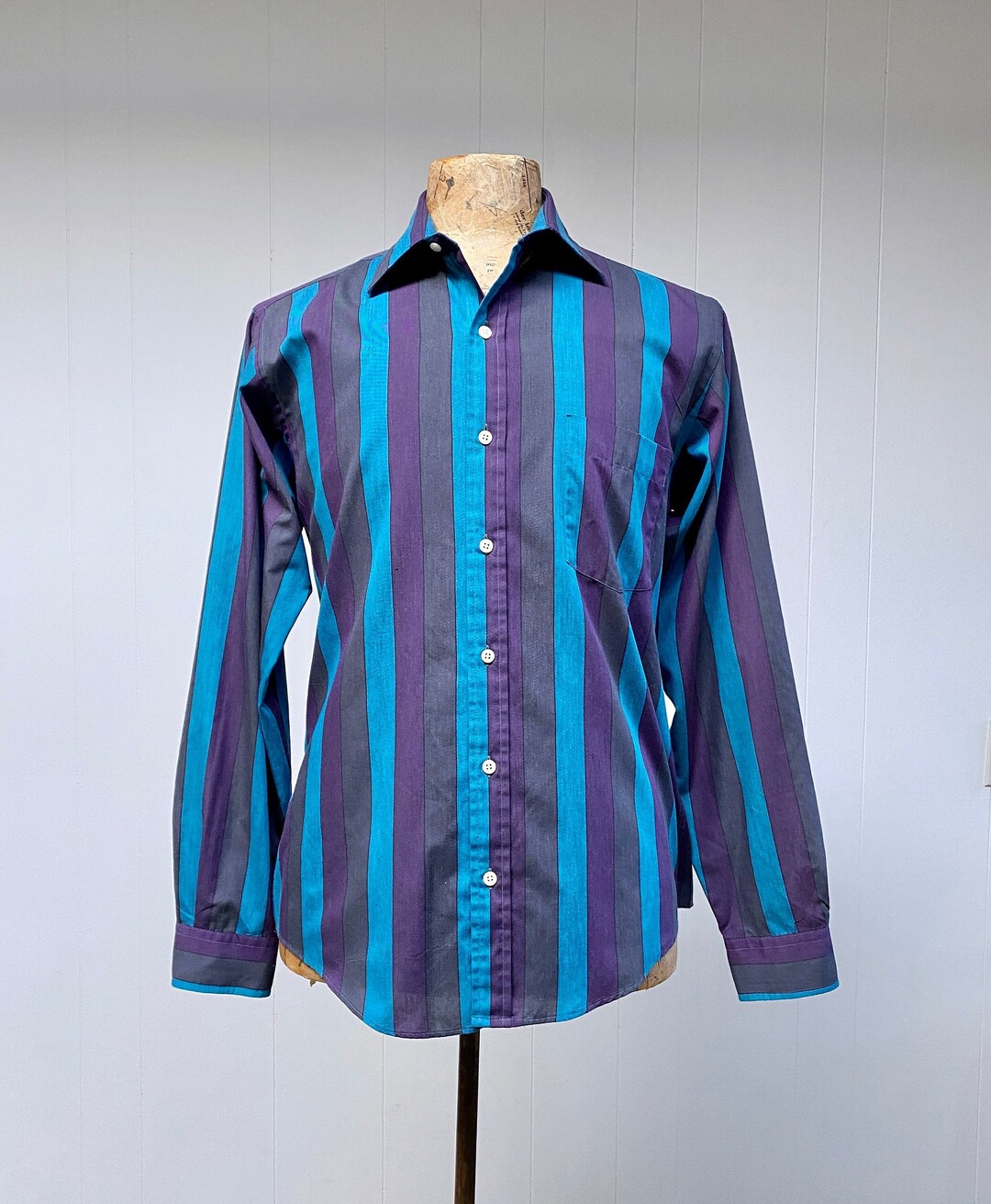 Vintage 1980s Striped Men's Shirt, 80s Purple Turquoise Gray Cotton ...