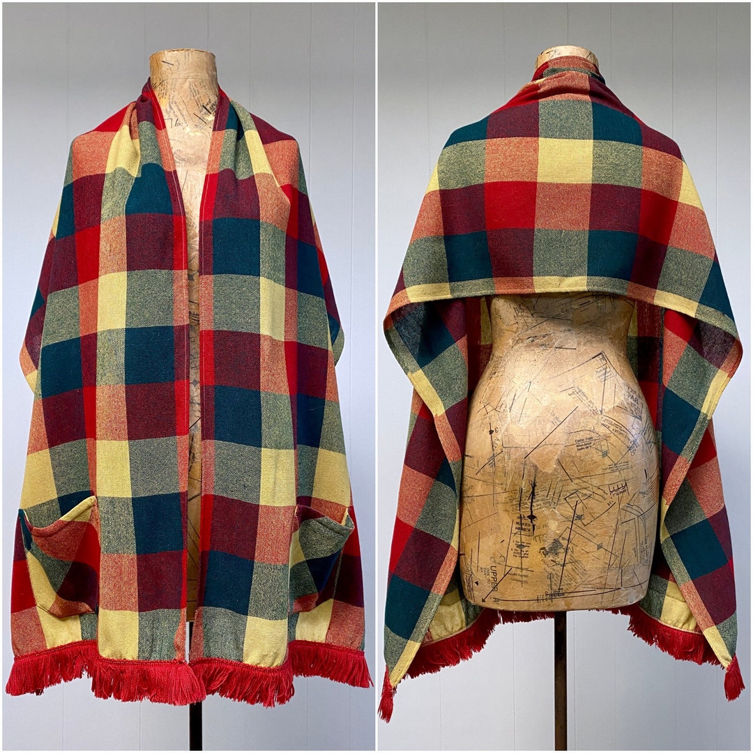 Vintage 1950s Plaid Wool Pocket Shawl With Fringe, Mid-century ...