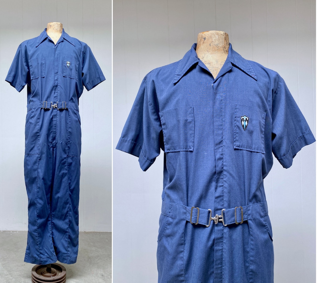 Vintage 1970s Short Sleeve Belted Coveralls, 70s Blue Cotton-poly ...