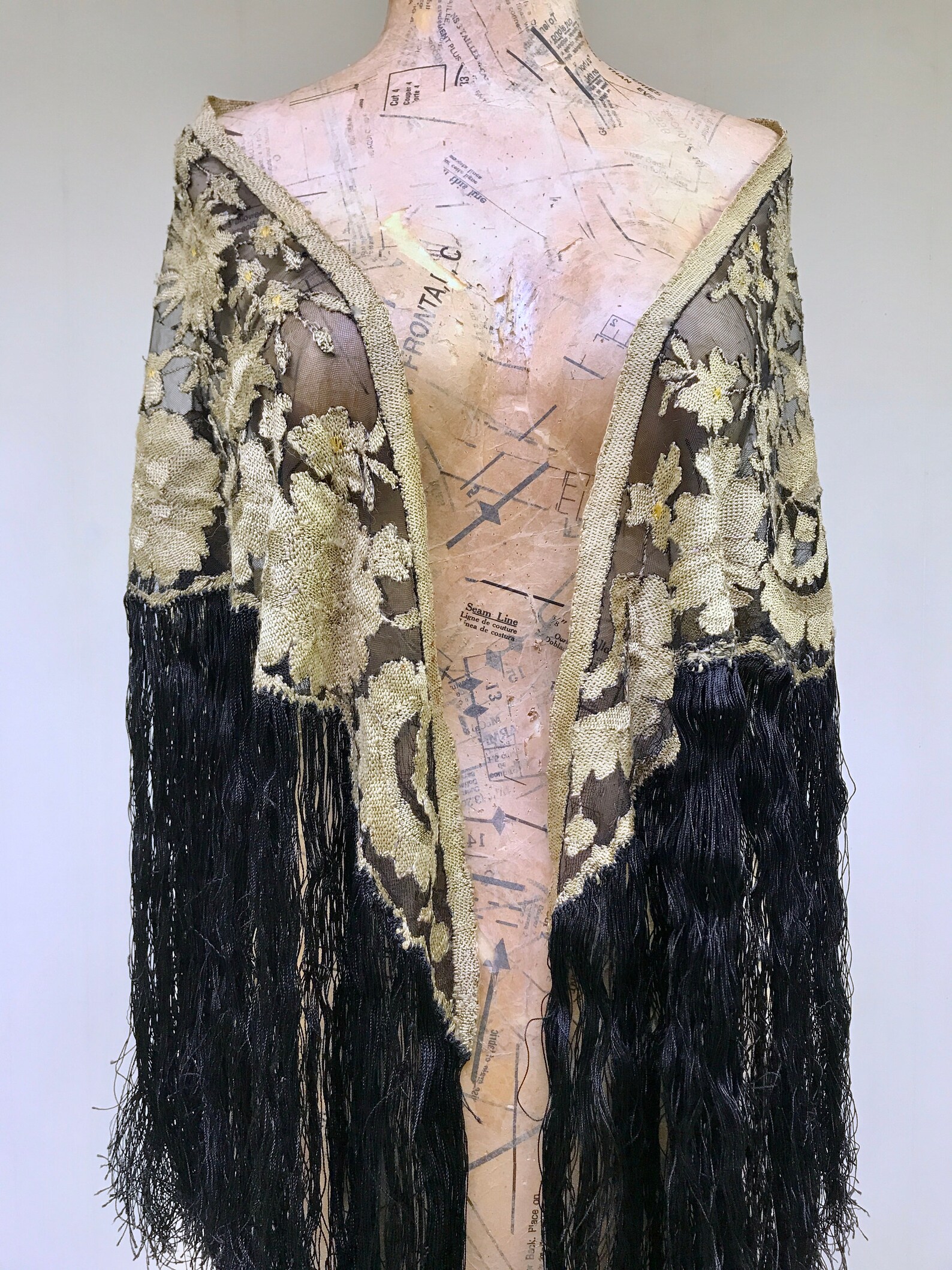 Antique 1920s Silk Lace Shawl With Fringe Art Deco Black and - Etsy