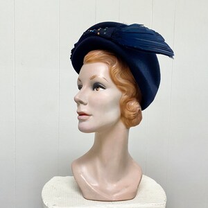 Vintage 1940s 1950s Navy Wool Hat W/multi-colored Rhinestones and ...