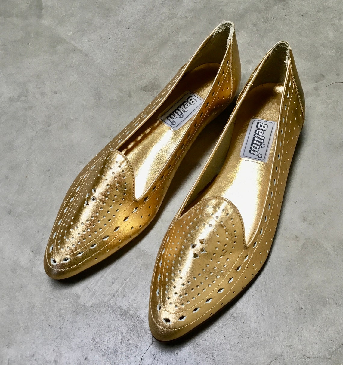 Vintage 1980s Gold Leather Flats Pointed Toe Metallic - Etsy