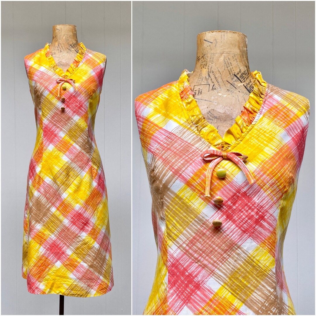 Vintage 1960s Sleeveless Sun Dress, 60s Bright Ruffled Neckline Sheath ...
