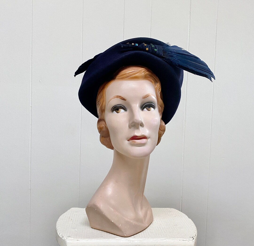 Vintage 1940s 1950s Navy Wool Hat W/multi-colored Rhinestones and ...