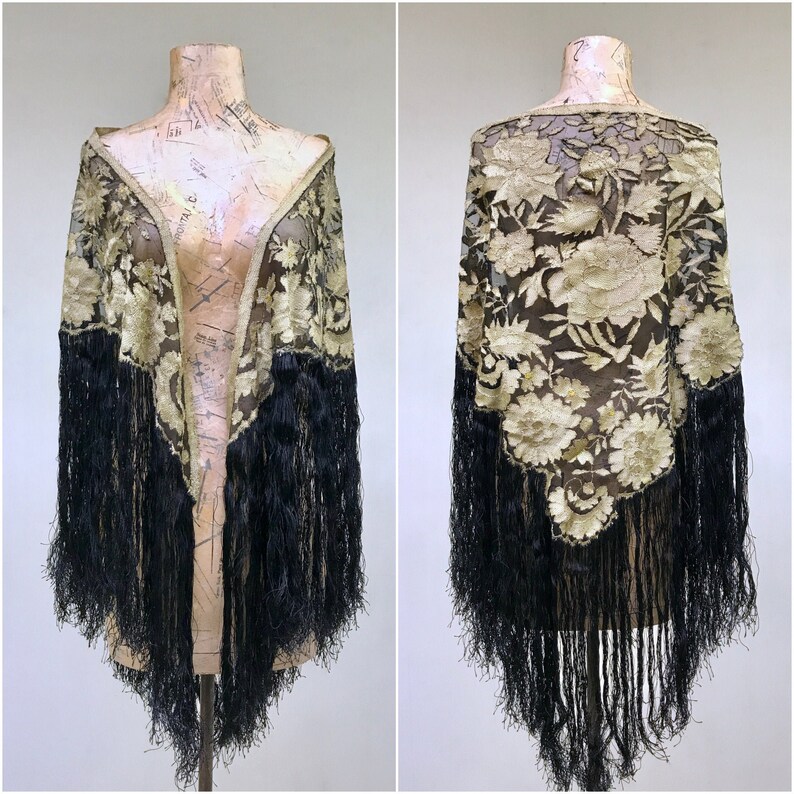 Antique 1920s Silk Lace Shawl With Fringe Art Deco Black and - Etsy