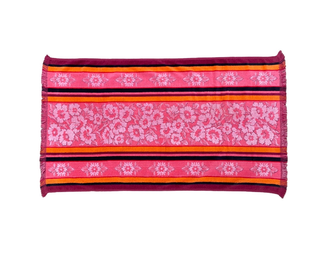 Vintage 1960 1970s Terry Velour Beach Towel, Bright Pink Floral ...