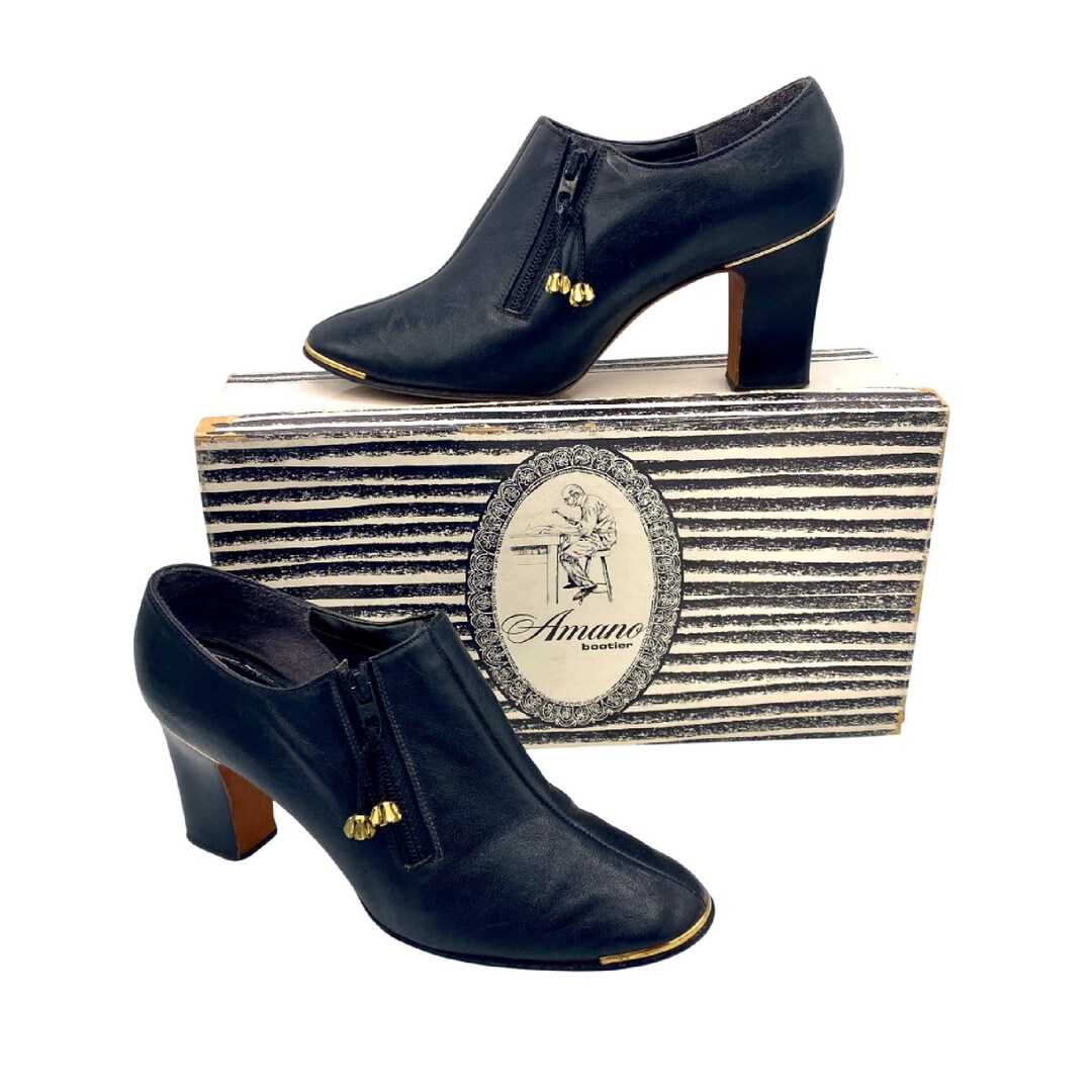 Vintage 1960s Amano Mod Leather Ankle Pumps, 60s High Heels With Gold ...
