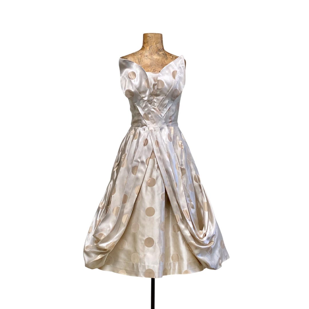 Vintage 1950s Polka Dot Satin Strapless Full Skirt Party Dress, Mid-century Cocktail Party, Viva ...