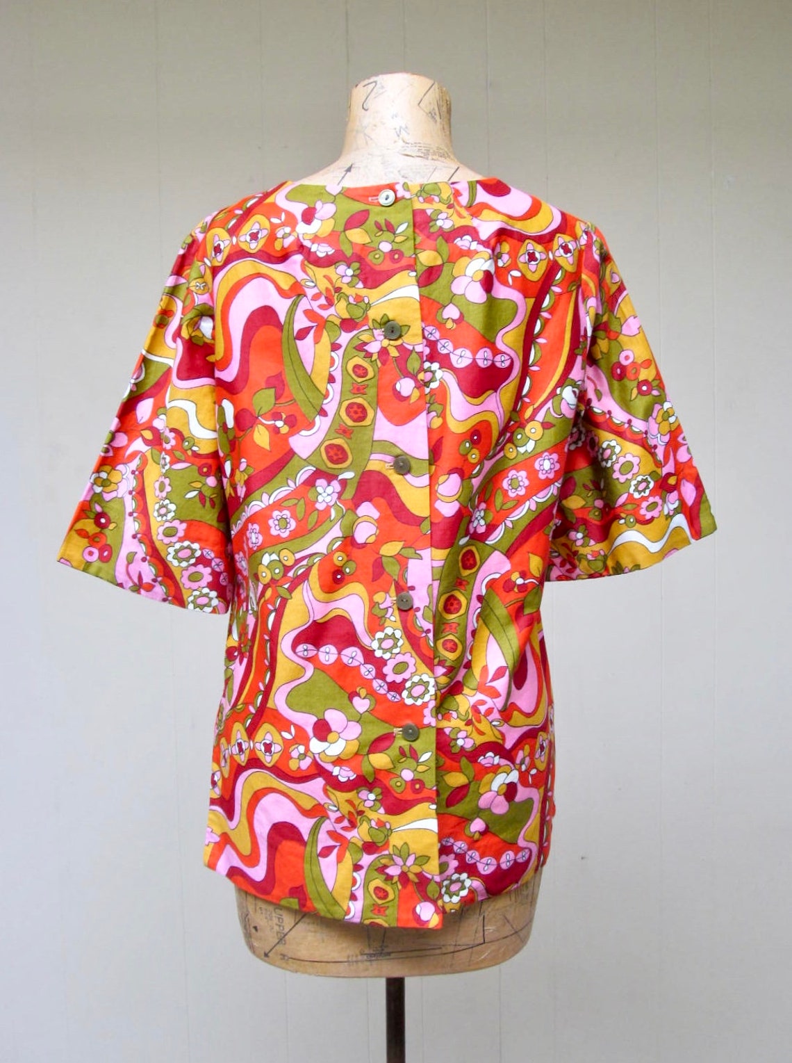 Vintage 1960s Blouse 60s Psychedelic Cotton Sateen Top - Etsy