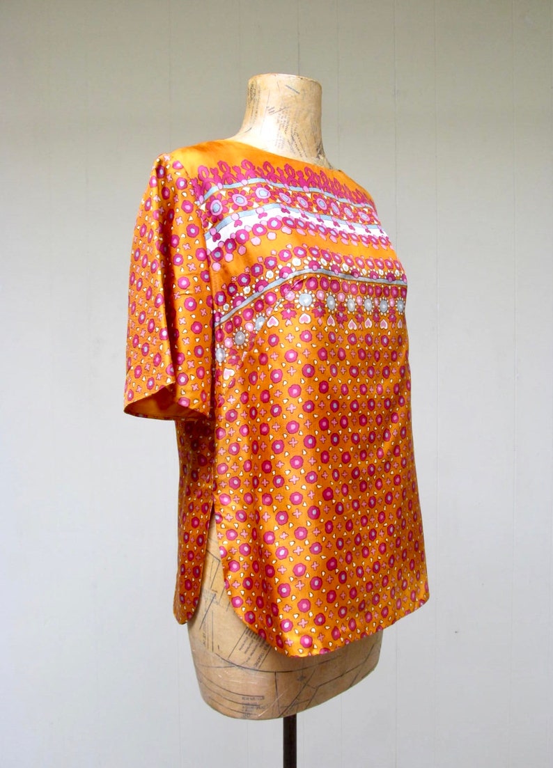 Vintage 1960s Orange Indian Print Rayon Blouse 60s Alex | Etsy