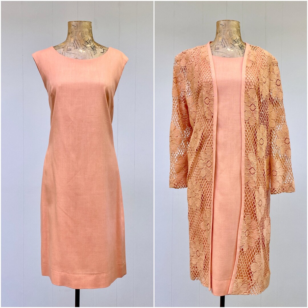 Vintage 1960s 1970s Peach Rayon Dress/coat Set, Edith Flagg Sleeveless ...